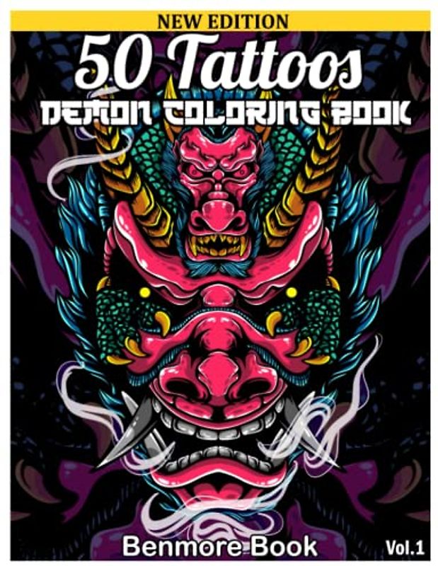 50 Tattoos Demon Coloring Book: Japanese Hannya, Devil Samurai Mask ...
